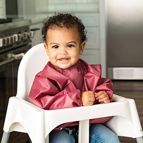 Tiny Twinkle Mess Proof Baby Bib, 2 Pack Long Sleeve Bib Outfit, Waterproof Bibs for Toddlers, Machine Washable, Tug Proof (Rose Burgundy, Small 6-24 Months)