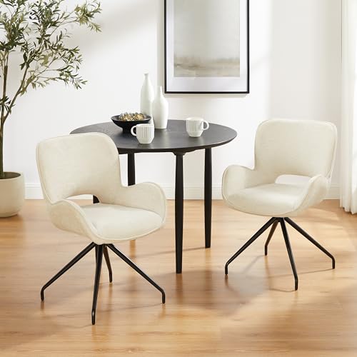 Art Leon Dining Chairs, Set of 2, Fabric Upholstered Dining Room Chairs, Modern Swivel Accent Chairs with Black Metal Legs for Living Room Kitchen, Off White