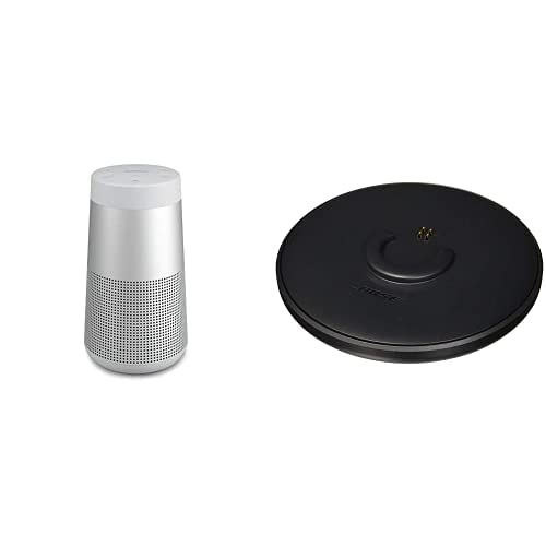 Bose SoundLink Revolve (Series II) Portable Bluetooth Speaker – Wireless Water-Resistant Speaker with 360° Sound, Silver & SoundLink Revolve Charging Cradle Black