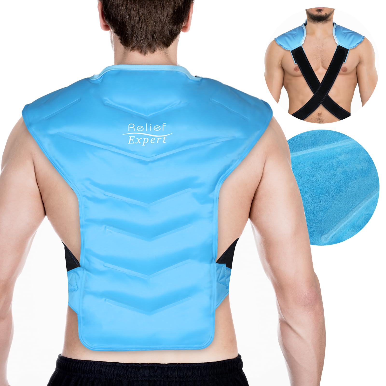 Relief Expert Large Ice Pack for Full Back and Shoulder with Straps, Reusable Gel Cold Pack with Cold Compress Therapy for Discomfort and Fatigue Relief, Post-Workout Recovery with Soft Plush Lining