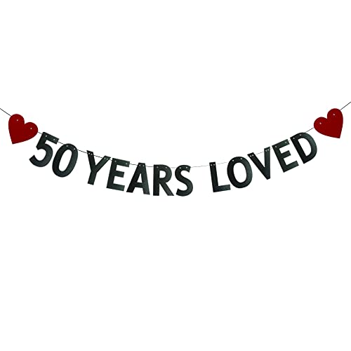 50 YEARS LOVED Banner,Pre-strung,50th Birthday / Wedding Anniversary Party Decorations Supplies,Black Glitter Paper Garlands Backdrops, Letters Black Betteryanzi