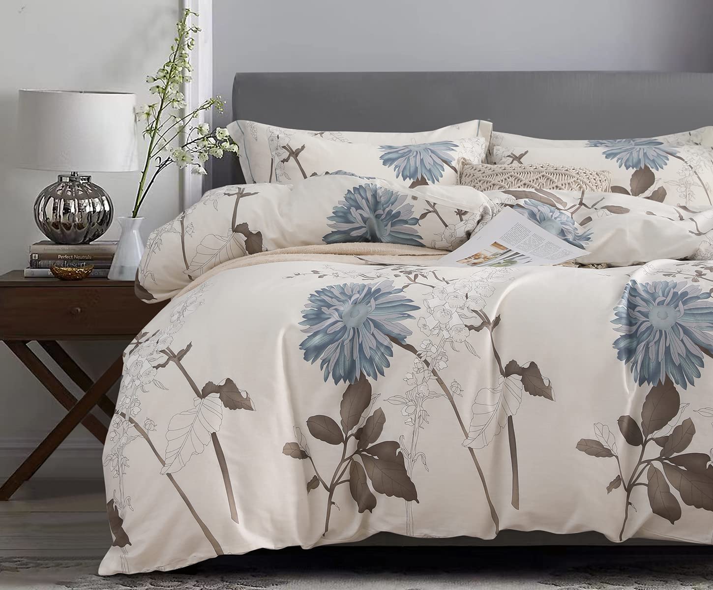 SLEEPBELLA Duvet Cover Queen Size, 600 Thread Count Cotton Botanical Flowers Pattern Printed Reversible Comforter Cover