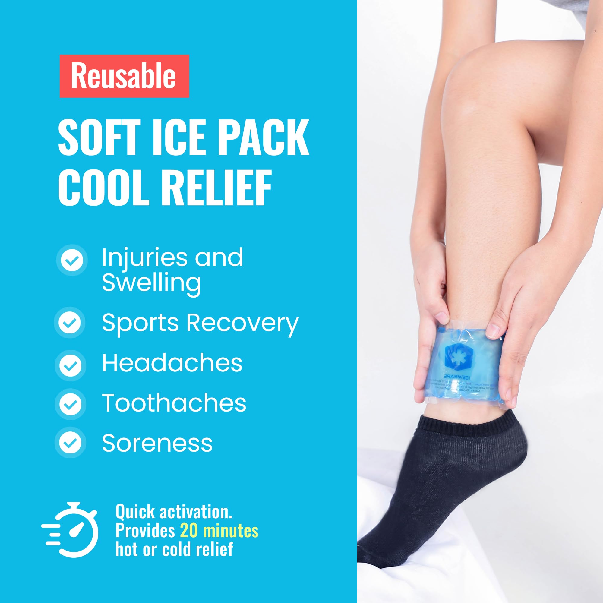 ICEWRAPS Hot & Cold Ice Packs - 3 x 5 in. Soft Gel Ice Packs β Reusable for Injuries Headaches, Joints, Fevers, & More β Made of Pro-Grade, Puncture-Proof Material (6 Packs)