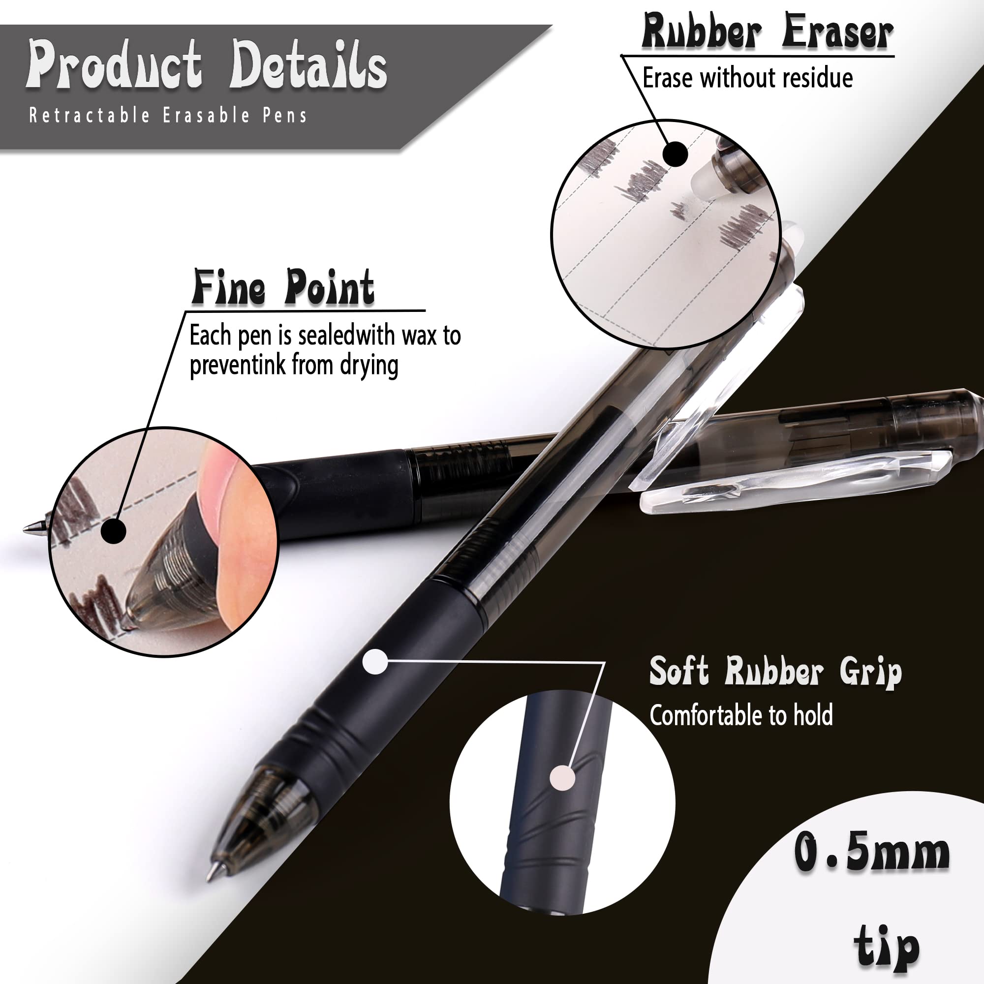 RIANCY Erasable Pens Black Gel Pens Clicker Retractable Fine Point Pen 0.5mm Blue erasable pens Erasable Gel Pens eraser pen Smooth Ink for Drawing note taking Writing Planner and School Supplies