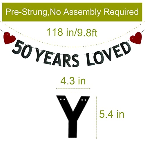 50 YEARS LOVED Banner，Pre-strung，50th Birthday / Wedding Anniversary Party Decorations Supplies，Black Glitter Paper Garlands Backdrops, Letters Black Betteryanzi