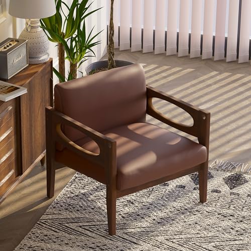 BAOMKONG Accent Chair,Mid-Century Modern Chair with Solid Wood and PU Leather Upholstered,Armchair for Living Room, Bedroom, Lounge, Balcony (Brown)