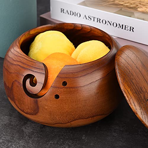 MOOVGTP Wooden Yarn Bowl, Crochet Yarn Holder with Lid Knitting Storage Holder Yarn Bowl Organizer Crochet Wool Storage Basket for Knitting and Crochet