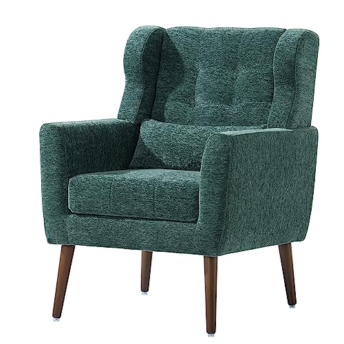 Modern Accent Chair, Chenille Arm Chair Leisure Chair with Pillow Upholstered Comfy Reading Chair 1-Seat Cushioned Sofa with Solid Wood Legs for Living Room Bedroom Studio Balcony (Blackish Green)