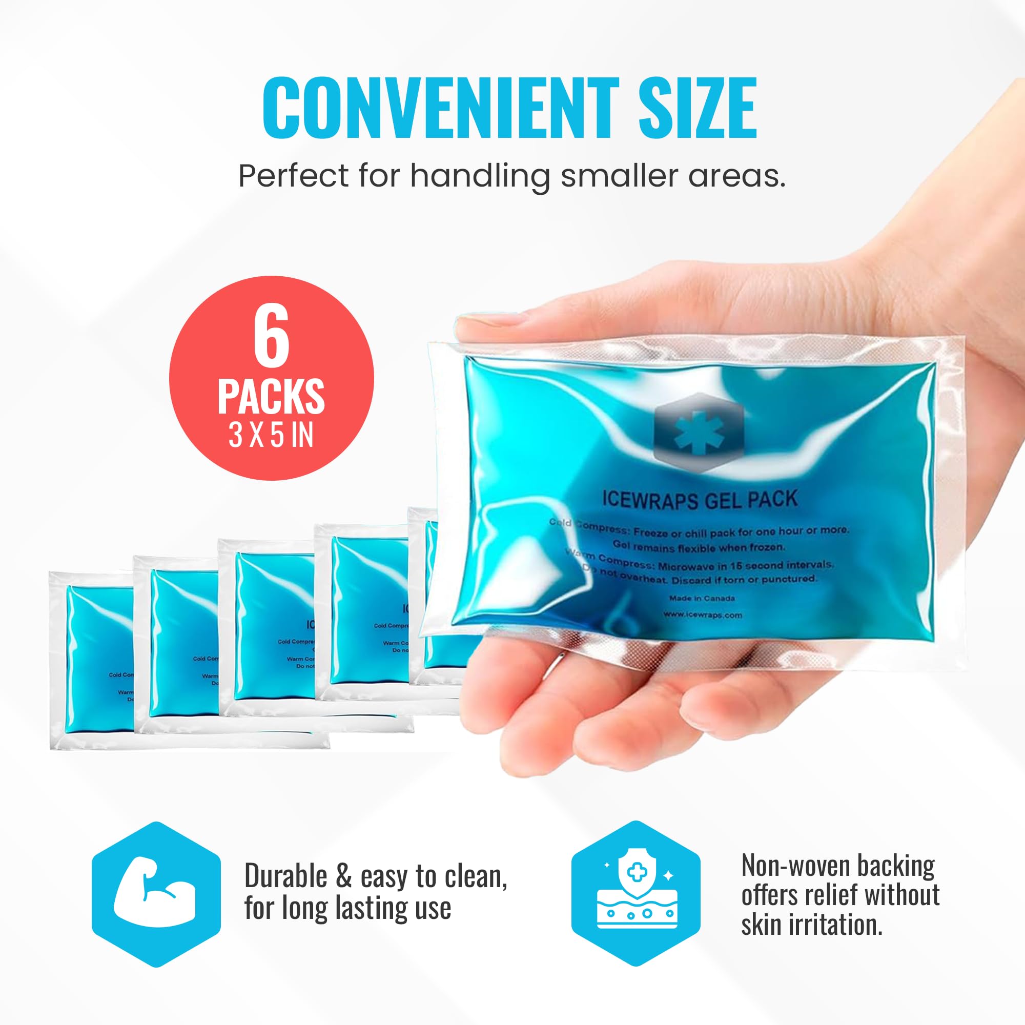 ICEWRAPS Hot & Cold Ice Packs - 3 x 5 in. Soft Gel Ice Packs β Reusable for Injuries Headaches, Joints, Fevers, & More β Made of Pro-Grade, Puncture-Proof Material (6 Packs)