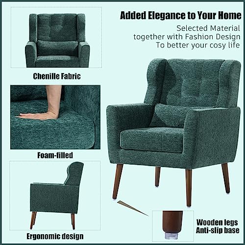 Modern Accent Chair, Chenille Arm Chair Leisure Chair with Pillow Upholstered Comfy Reading Chair 1-Seat Cushioned Sofa with Solid Wood Legs for Living Room Bedroom Studio Balcony (Blackish Green)