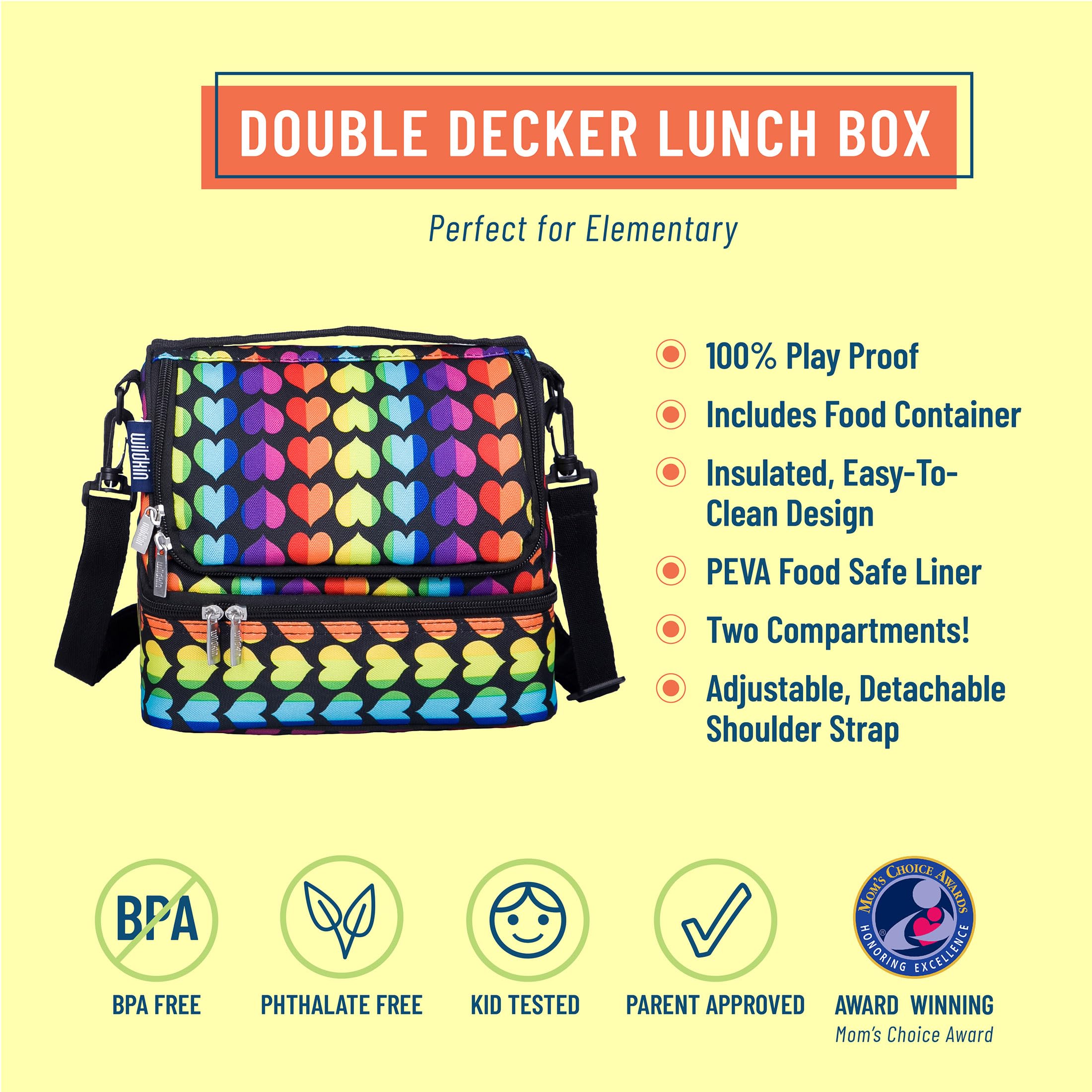 Wildkin Two Compartment Insulated Lunch Bag for Kids – School & Travel Ready - Rainbow Hearts