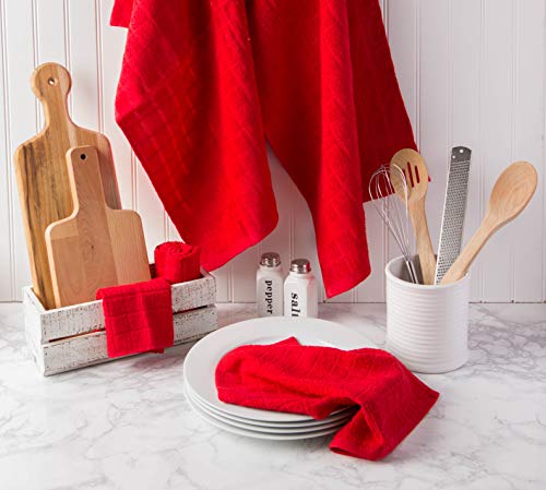 DII Basic Terry Collection Windowpane Dishtowel Set, 16x26, Red Solid, 4 Piece