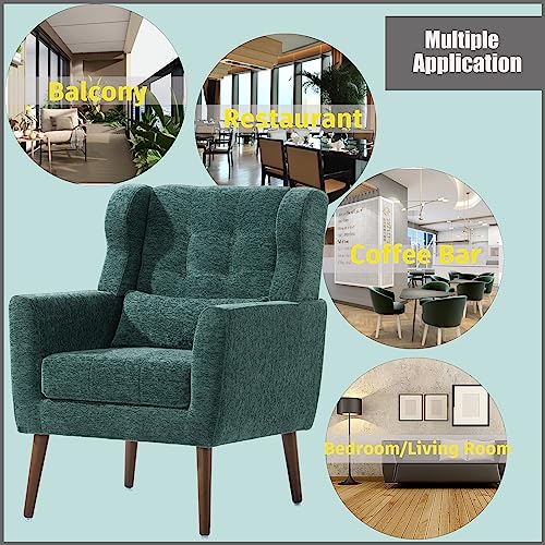 Modern Accent Chair, Chenille Arm Chair Leisure Chair with Pillow Upholstered Comfy Reading Chair 1-Seat Cushioned Sofa with Solid Wood Legs for Living Room Bedroom Studio Balcony (Blackish Green)