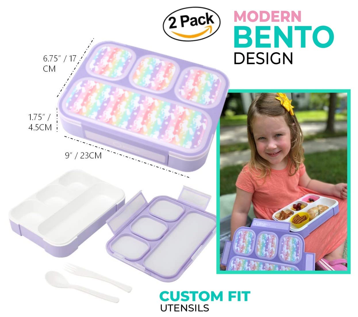 kinsho Unicorn Lunch Boxes for Girls, 4 Compartment Bento-Box Lunch-Box for Kids, Toddlers School Daycare Travel Snack Containers, Utensils, Rainbow Unicorns 2 PACK Set