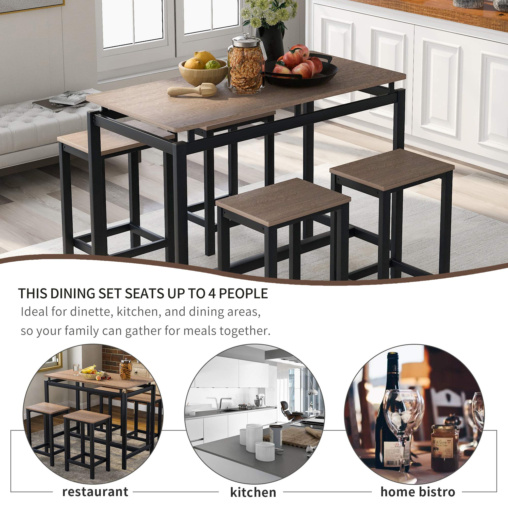 Merax 5-Piece Kitchen Counter Height Table Set, Industrial Dining Table with 4 Chairs, Small Space Table & Chairs, Kitchen Table Set for 4 People (Dark Brown +Black)