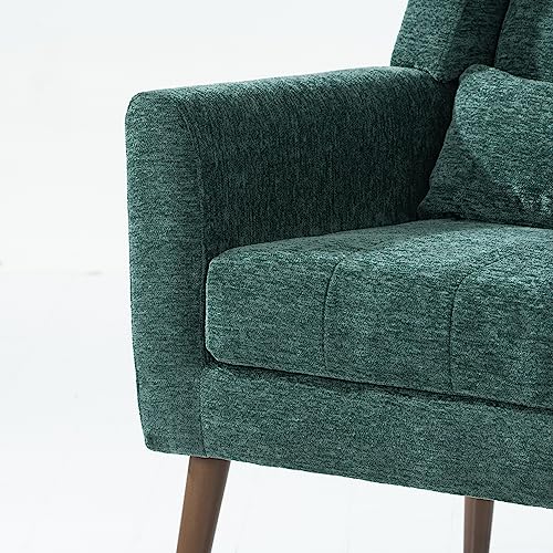 Modern Accent Chair, Chenille Arm Chair Leisure Chair with Pillow Upholstered Comfy Reading Chair 1-Seat Cushioned Sofa with Solid Wood Legs for Living Room Bedroom Studio Balcony (Blackish Green)