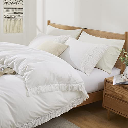ZJZC Art White Duvet Cover Queen Size with Tassels,100% Cotton Boho Farmhouse Bedding Set 3 Pieces with Pillow Shams Super Soft and Breathable Bed Set for All Seasons (White, Queen)