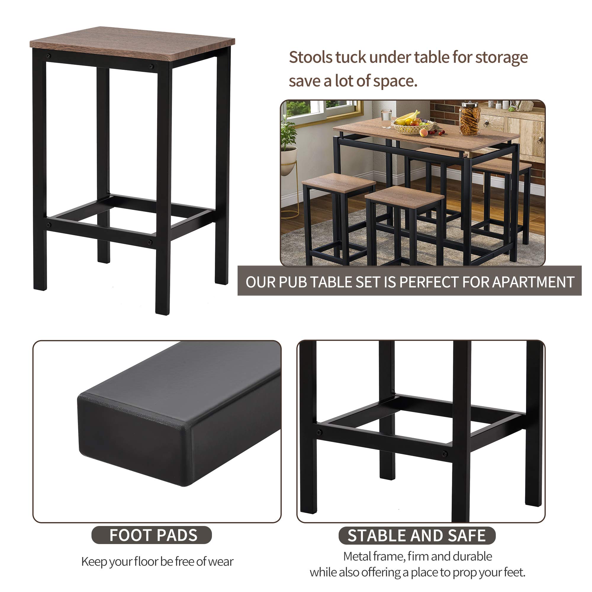 Merax 5-Piece Kitchen Counter Height Table Set, Industrial Dining Table with 4 Chairs, Small Space Table & Chairs, Kitchen Table Set for 4 People (Dark Brown +Black)
