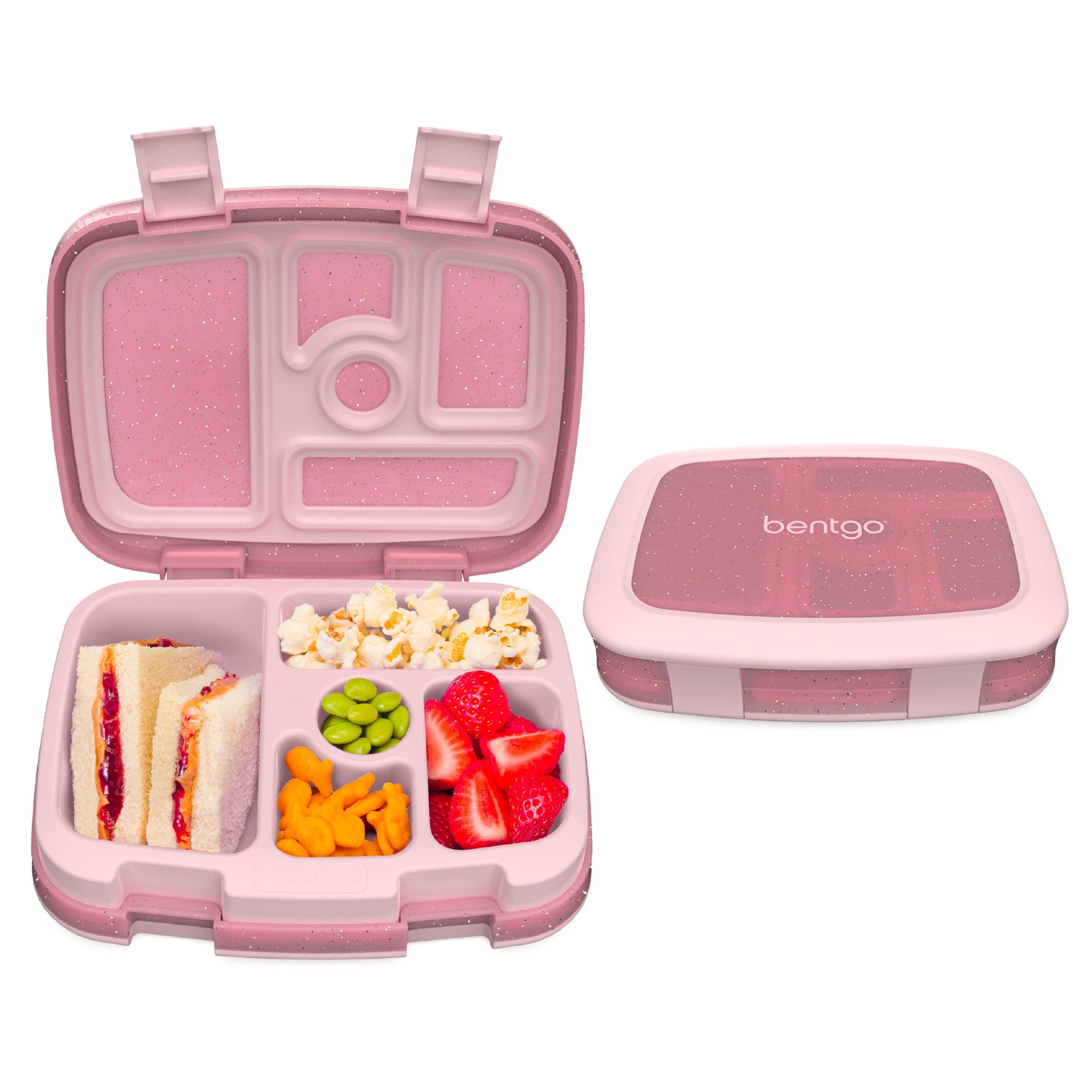 Bentgo® Kids 5-Compartment Lunch Box With Kids 2-in-1 Backpack & Insulated Lunch Bag (Glitter Edition - Petal Pink)