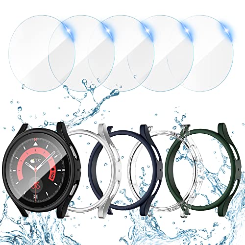 [5+5Pack] Samsung Galaxy Watch 5 2022 & Watch 4 2021 Screen Protector and Case 44mm, Kakufunny Anti-Fog Face Cover Tempered Glass Film & Hard PC Protective Bumper for Galaxy Watch 44 mm, Accessories
