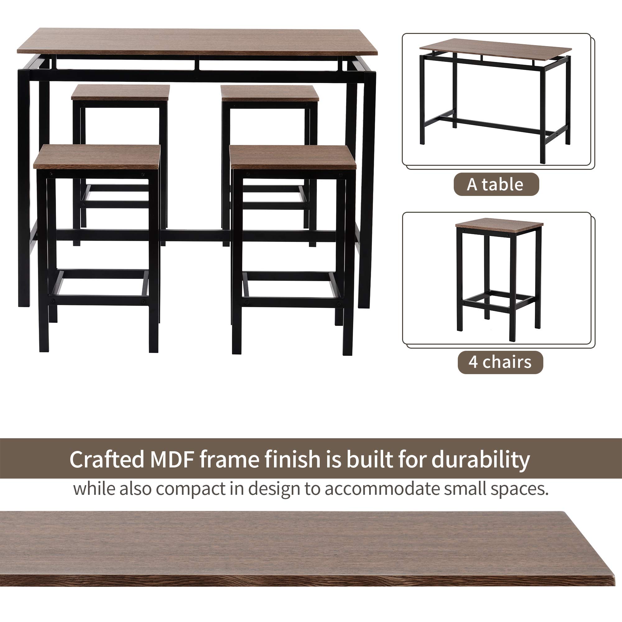Merax 5-Piece Kitchen Counter Height Table Set, Industrial Dining Table with 4 Chairs, Small Space Table & Chairs, Kitchen Table Set for 4 People (Dark Brown +Black)
