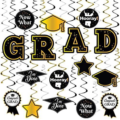 35 Pieces, Graduation Hanging Swirls Decorations - Large, No DIY | Black and Gold Graduation Decorations 2023 | Graduation Hanging Decorations | Graduation Party Decorations, Class of 2023 Decorations