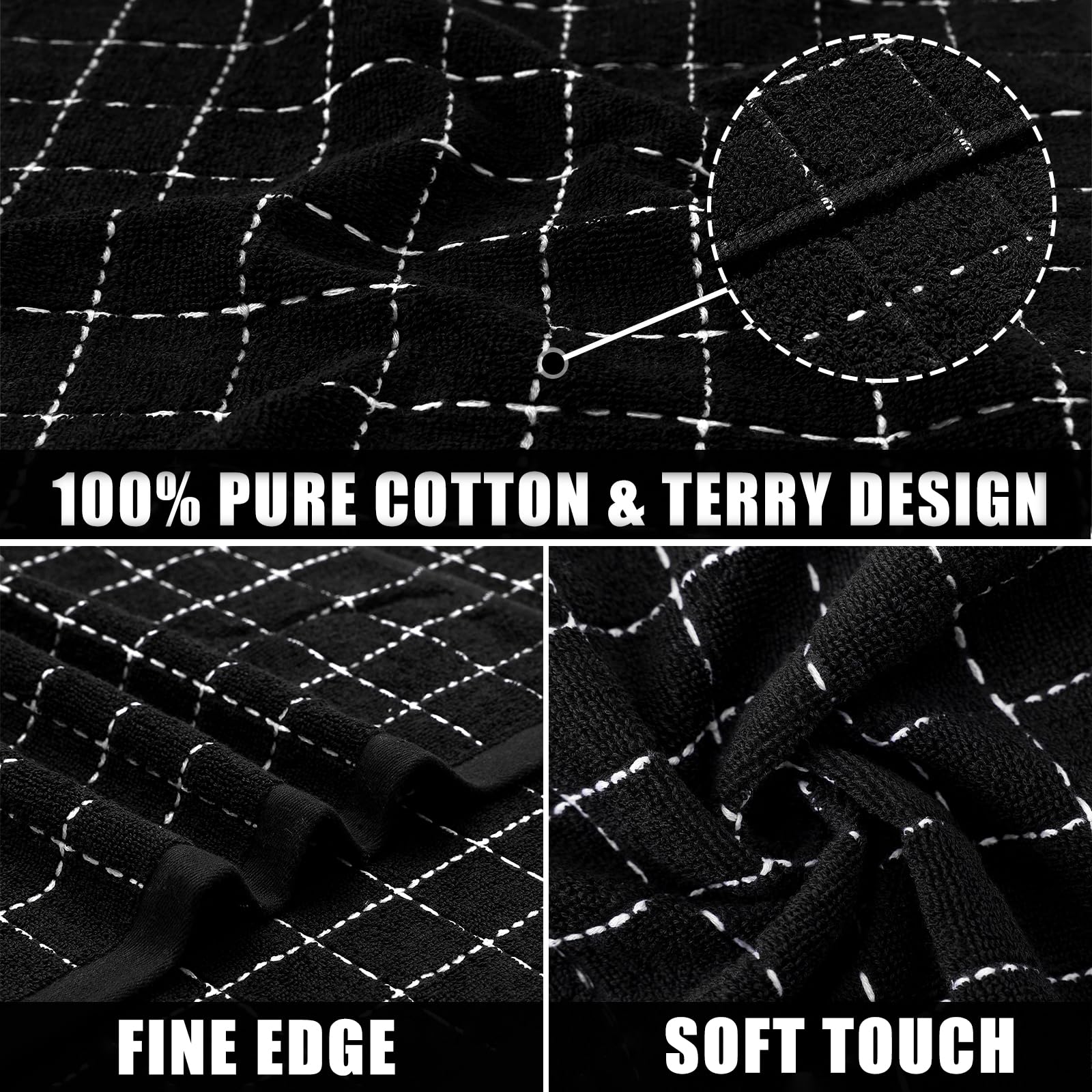 Mordimy 100% Cotton Terry Cloth Dish Cloths, Soft and Absorbent Checkered Dish Towels, Quick Drying Dish Rags for Washing Dishes, 8 Pack, 12 x 12 Inches, Black