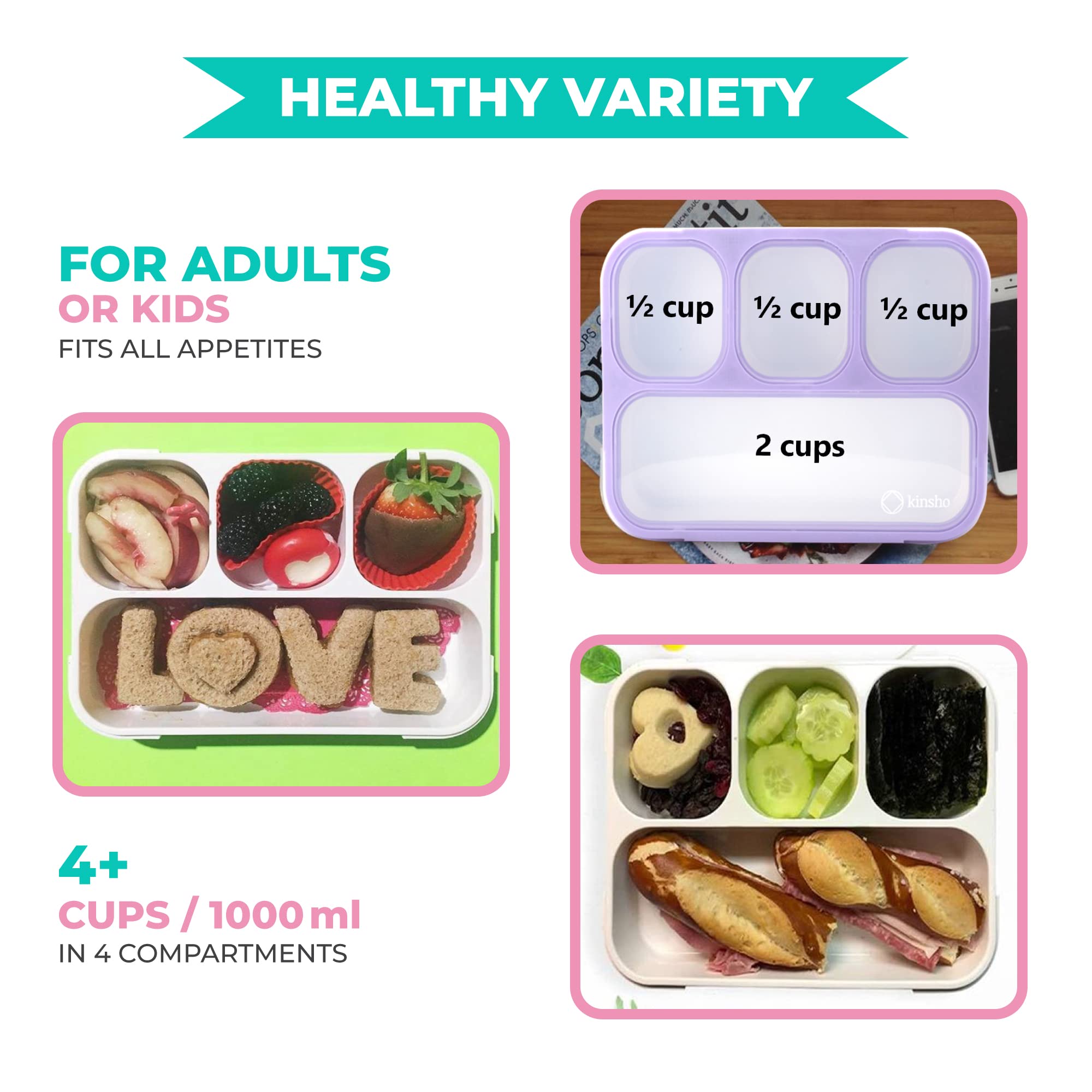 kinsho Unicorn Lunch Boxes for Girls, 4 Compartment Bento-Box Lunch-Box for Kids, Toddlers School Daycare Travel Snack Containers, Utensils, Rainbow Unicorns 2 PACK Set