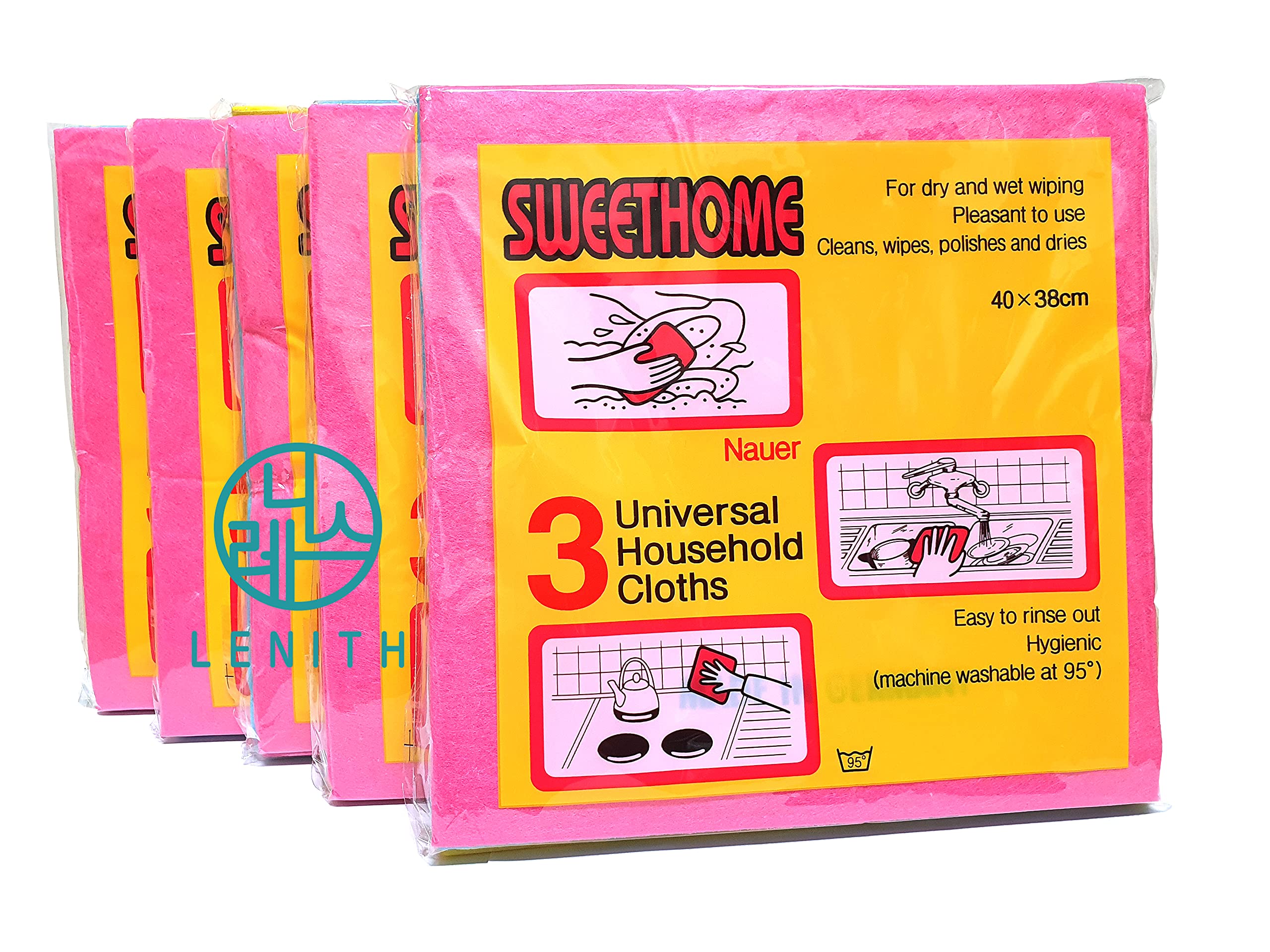 LENITH [15 Packs] German Universal Household Color Dish Cloths (3 Colors, 15ea) Machine Washable Super Absorbent, Drying Eco-Friendly Non-Woven Fabric Kitchen Cleaning Cloth