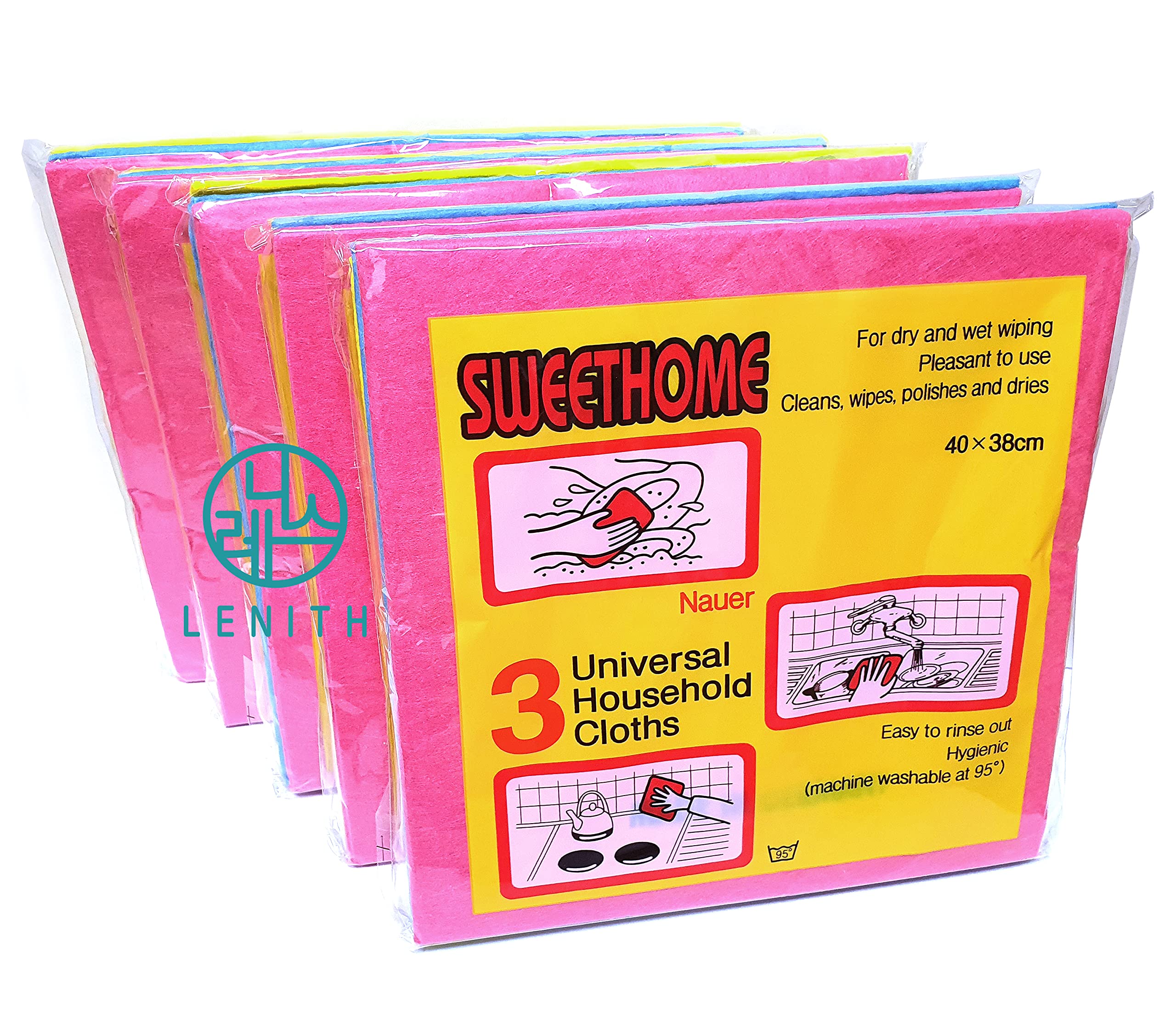 LENITH [15 Packs] German Universal Household Color Dish Cloths (3 Colors, 15ea) Machine Washable Super Absorbent, Drying Eco-Friendly Non-Woven Fabric Kitchen Cleaning Cloth