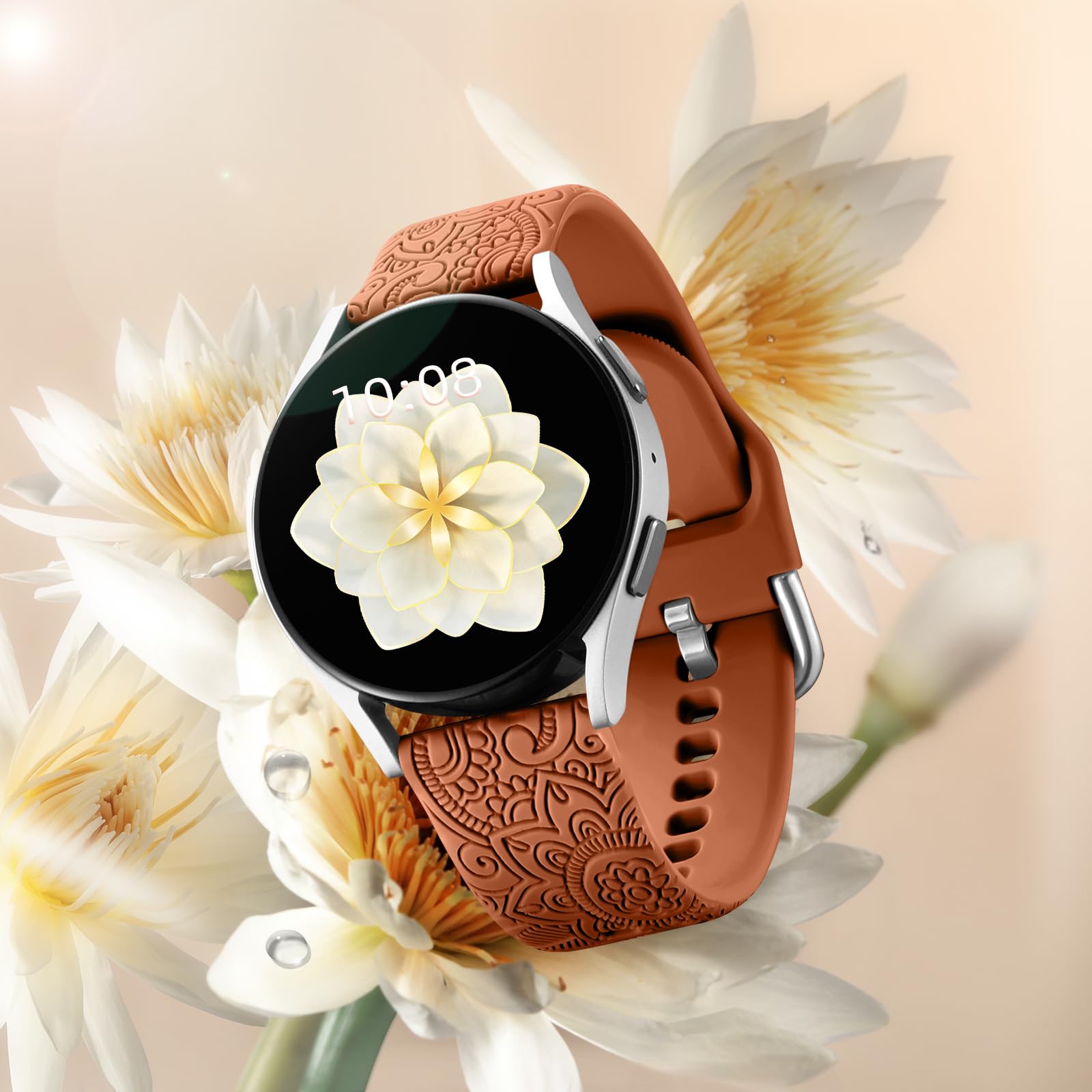 Odbeai Compatible with Samsung Watch Bands, Floral Engraved Bands Compatible with Galaxy Watch 6 Band, Soft Silicone Breathable Waterproof Cute Strap for Galaxy Watch 7/4/5/5 Pro/4 6 Classic/Active 2