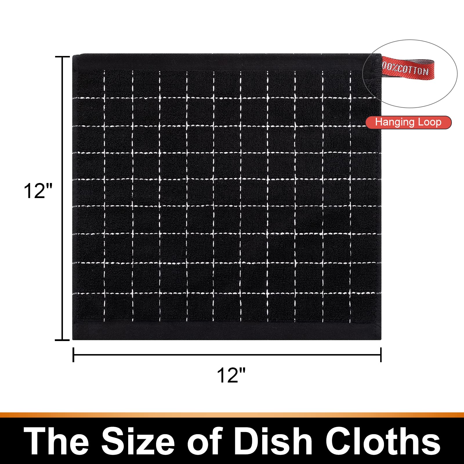 Mordimy 100% Cotton Terry Cloth Dish Cloths, Soft and Absorbent Checkered Dish Towels, Quick Drying Dish Rags for Washing Dishes, 8 Pack, 12 x 12 Inches, Black