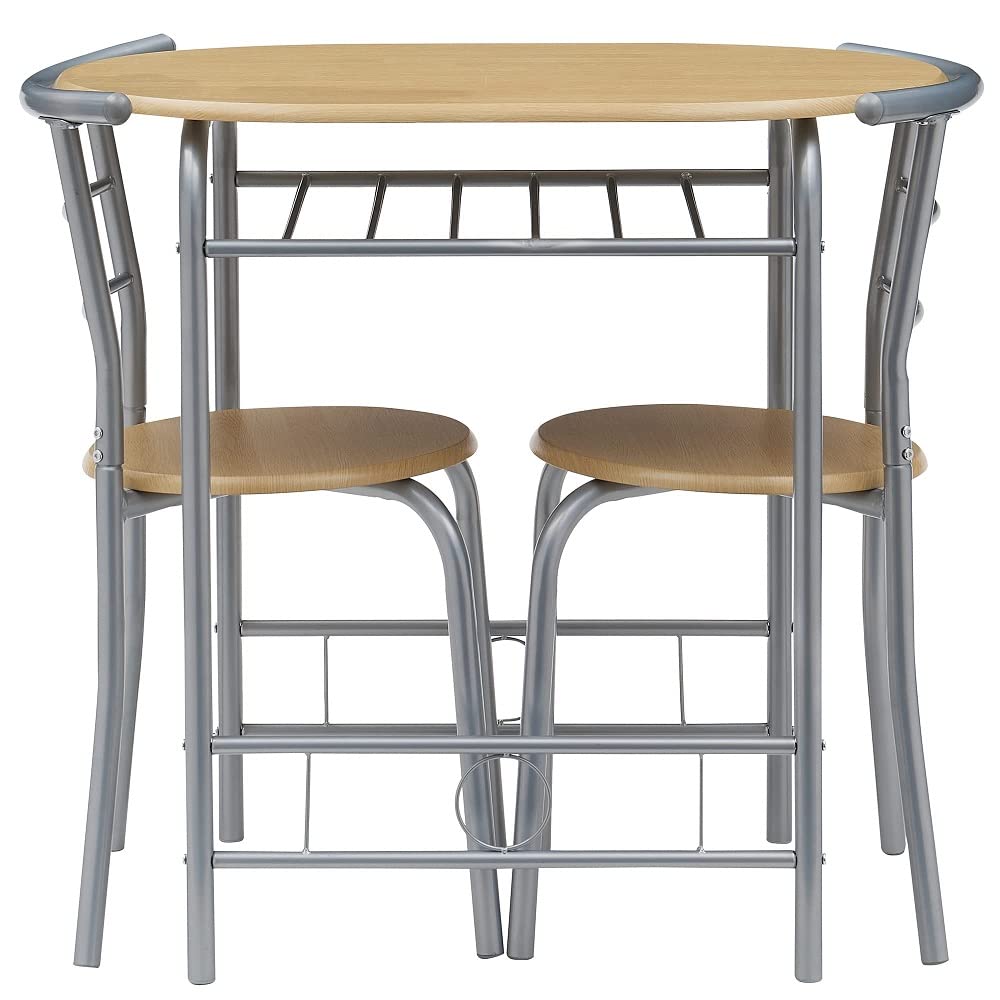 VECELO 3 Piece Wood Round Table & Chair Set for Dining Room Kitchen Bar Breakfast, with Wine Storage Rack, Space Saving, Natural