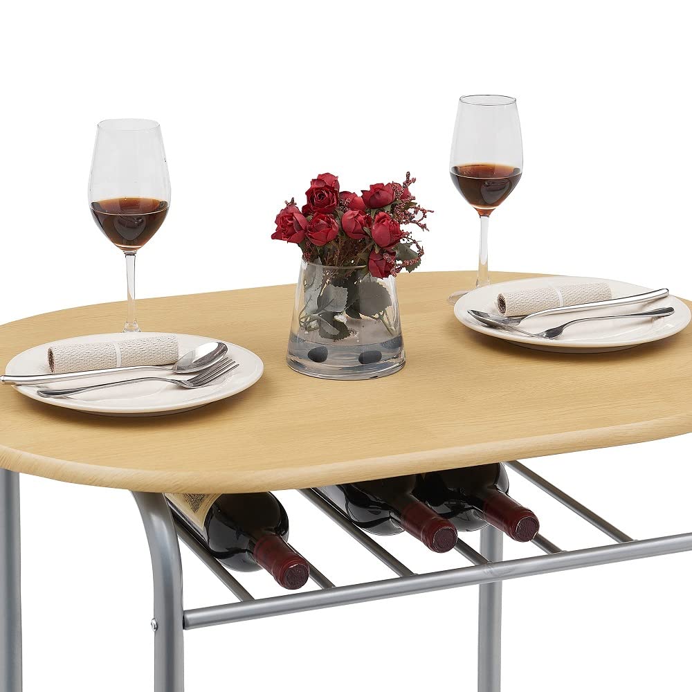 VECELO 3 Piece Wood Round Table & Chair Set for Dining Room Kitchen Bar Breakfast, with Wine Storage Rack, Space Saving, Natural