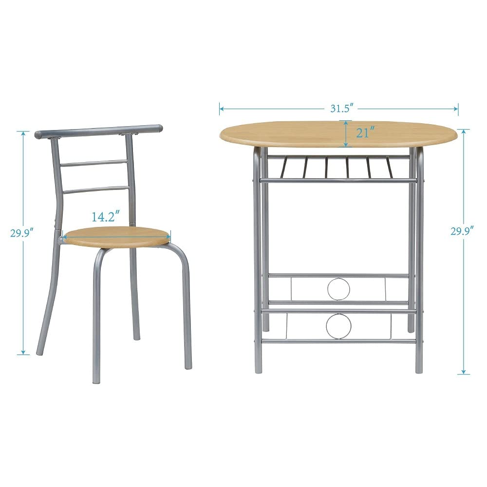 VECELO 3 Piece Wood Round Table & Chair Set for Dining Room Kitchen Bar Breakfast, with Wine Storage Rack, Space Saving, Natural