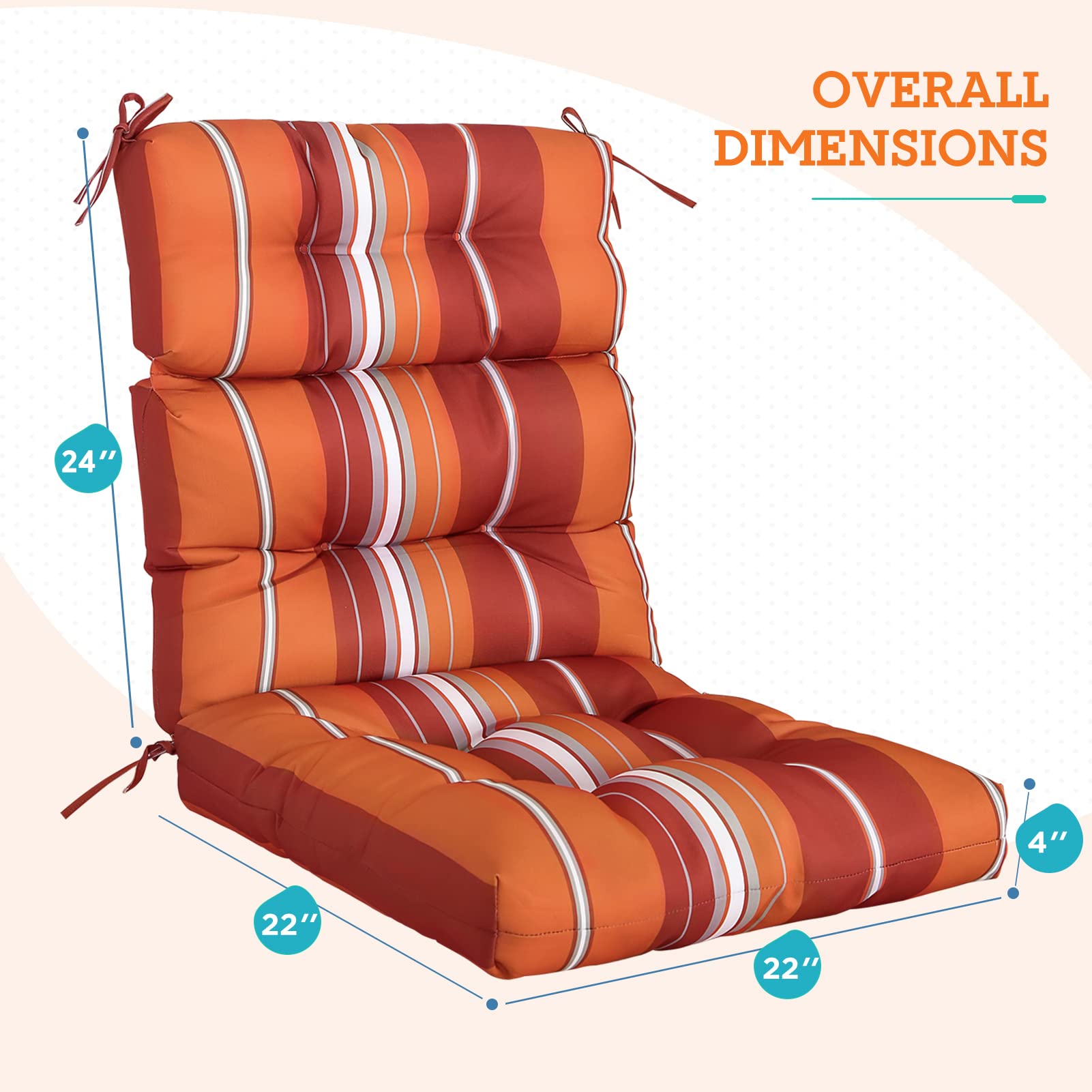 EAGLE PEAK Tufted Outdoor/Indoor High Back Patio Chair Cushions, Set of 2, 46'' x 22'', Red Stripes
