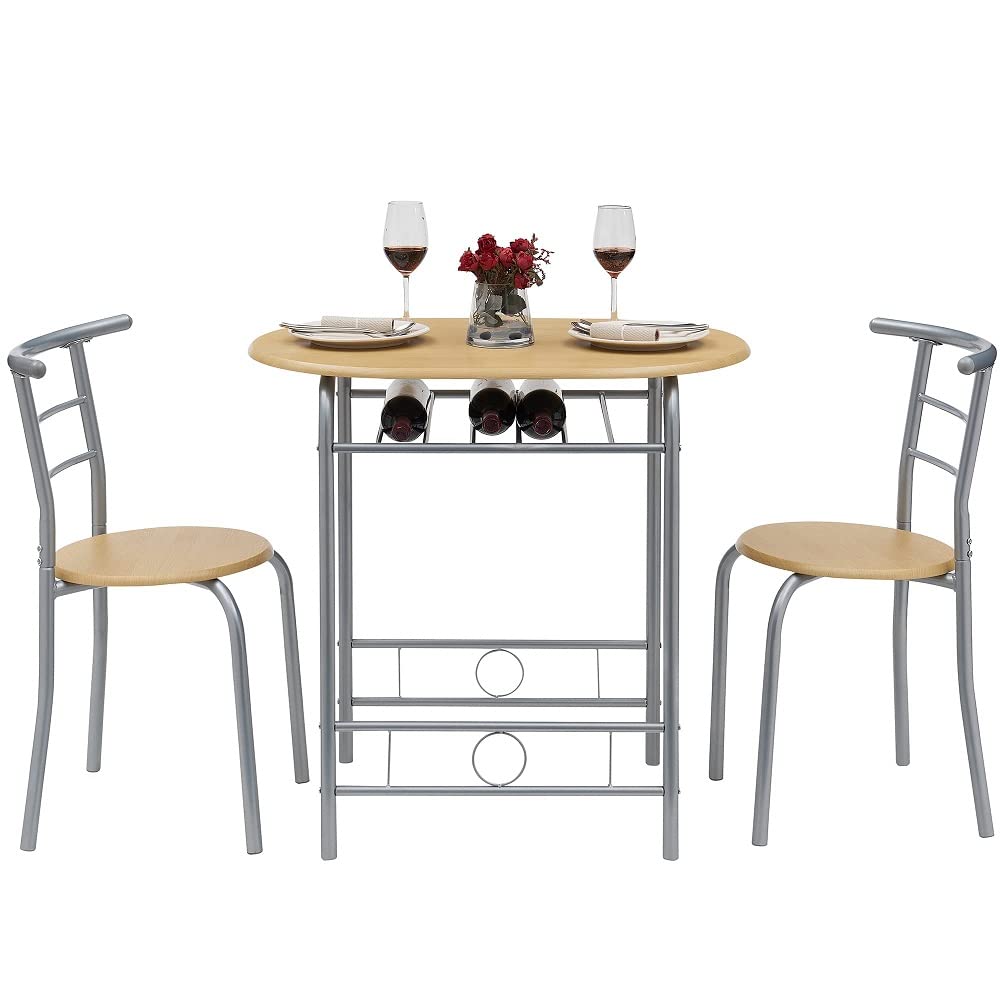 VECELO 3 Piece Wood Round Table & Chair Set for Dining Room Kitchen Bar Breakfast, with Wine Storage Rack, Space Saving, Natural