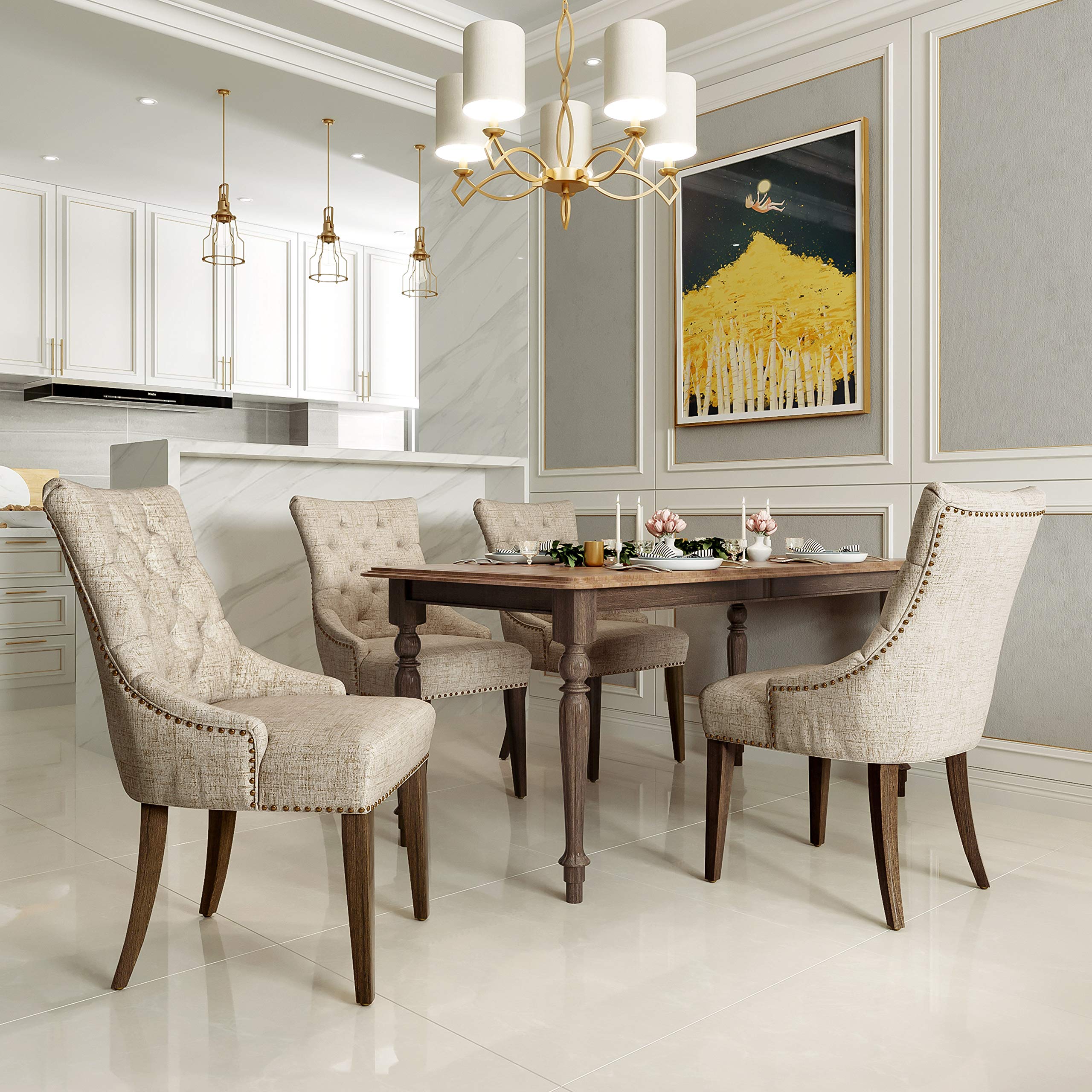 YuiHome Upholstered Dining Leisure Padded Chairs with Armrest and Nailed Trim, (Set of 2),Beige