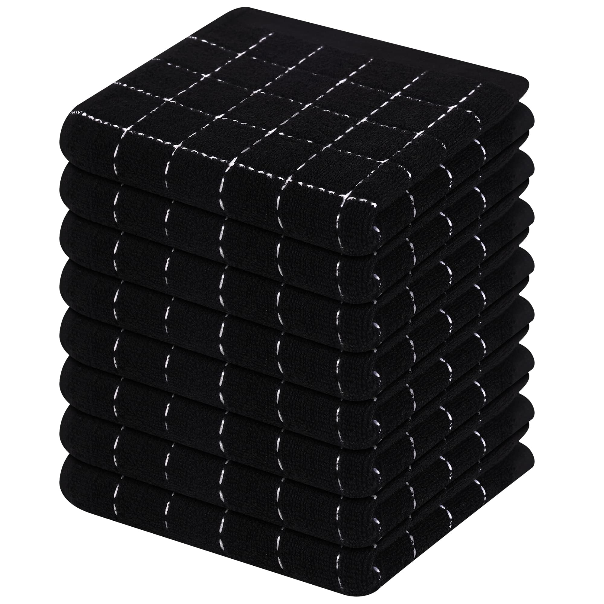 Mordimy 100% Cotton Terry Cloth Dish Cloths, Soft and Absorbent Checkered Dish Towels, Quick Drying Dish Rags for Washing Dishes, 8 Pack, 12 x 12 Inches, Black