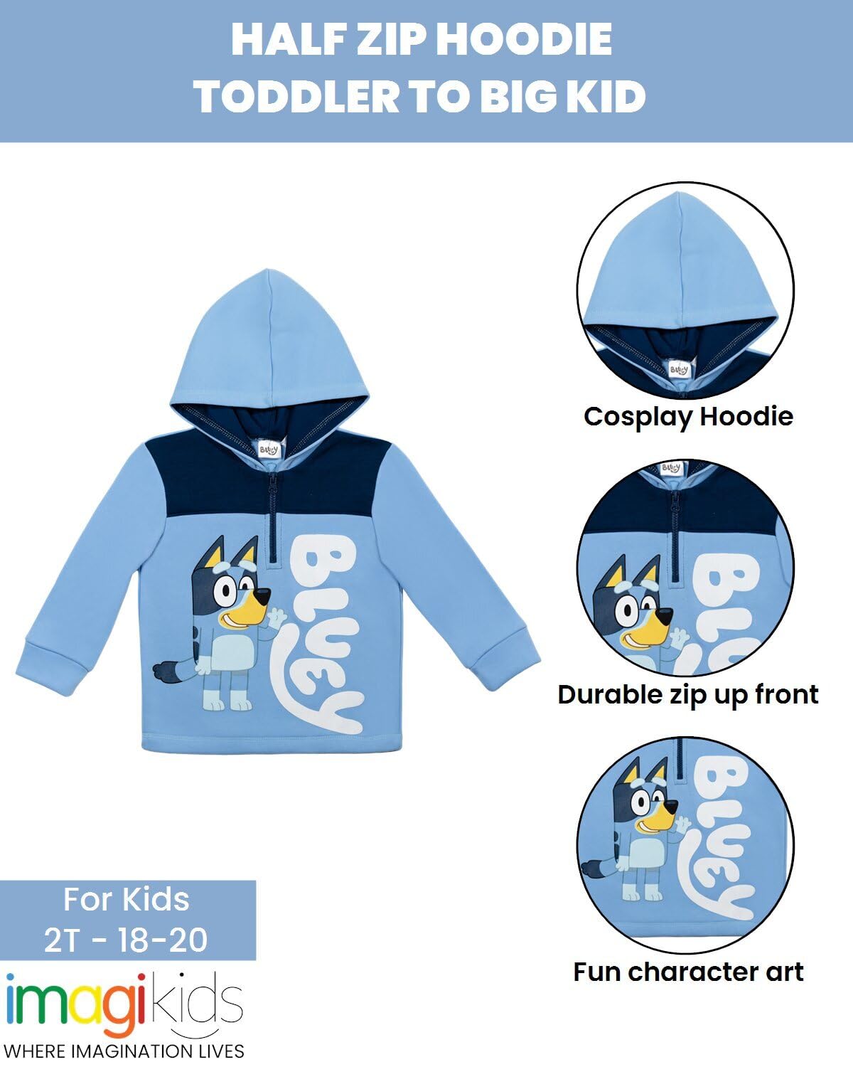 Bluey Little Boys Fleece Half Zip Hoodie 7-8 Blue