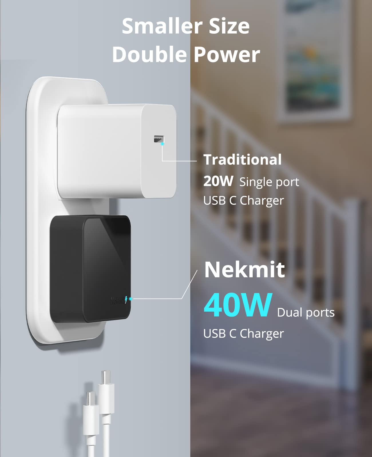 Nekmit Dual Port USB C Wall Charger, 40W PD Fast Charging USB C Wall Plug Adapter, Flat Thin Slim Charger Block for iPhone 14/14 Pro/14 Pro Max, Galaxy, MacBook Air, iPad, AirPods and More