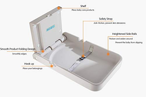 Modundry Baby Changing Diaper Station - Vertical Wall Mounted, Sturdy & Durable- with Safety Straps for Commercial Restrooms(White Granite)