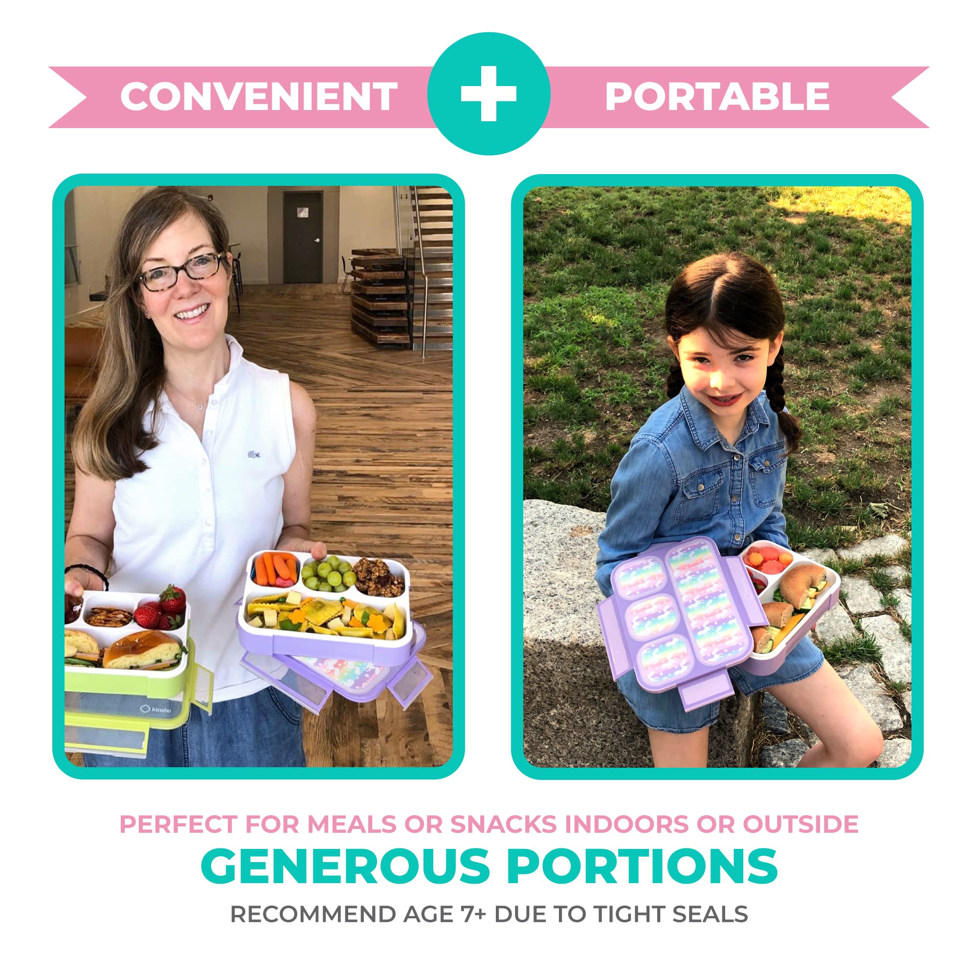 kinsho Unicorn Lunch Boxes for Girls, 4 Compartment Bento-Box Lunch-Box for Kids, Toddlers School Daycare Travel Snack Containers, Utensils, Rainbow Unicorns 2 PACK Set