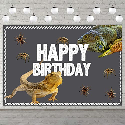 Lizard Happy Birthday Banner Backdrop Realistic Reptile Swamp Chameleon Animal Theme Supplies Decorations Decor for Wide One Safari Baby Shower 1st Birthday Party Favors Photo Booth Props Background