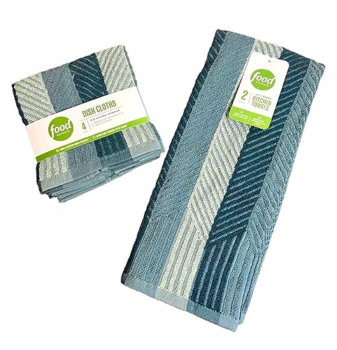 Food Network Kitchen Towel Set Featuring 2 Aqua Stripe Kitchen Towels and 4 Matching Dish Cloths