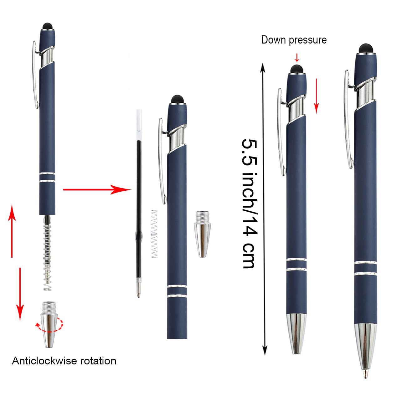 PASISIBICK 12 Pieces Blue Ballpoint Pen with Stylus Tip, 2 in 1 Stylus Stylish Pen, Premium Metal Stylus Pen for Touch Screens, Black Ink, 1.0 mm Medium Point.(12 PCS Blue)
