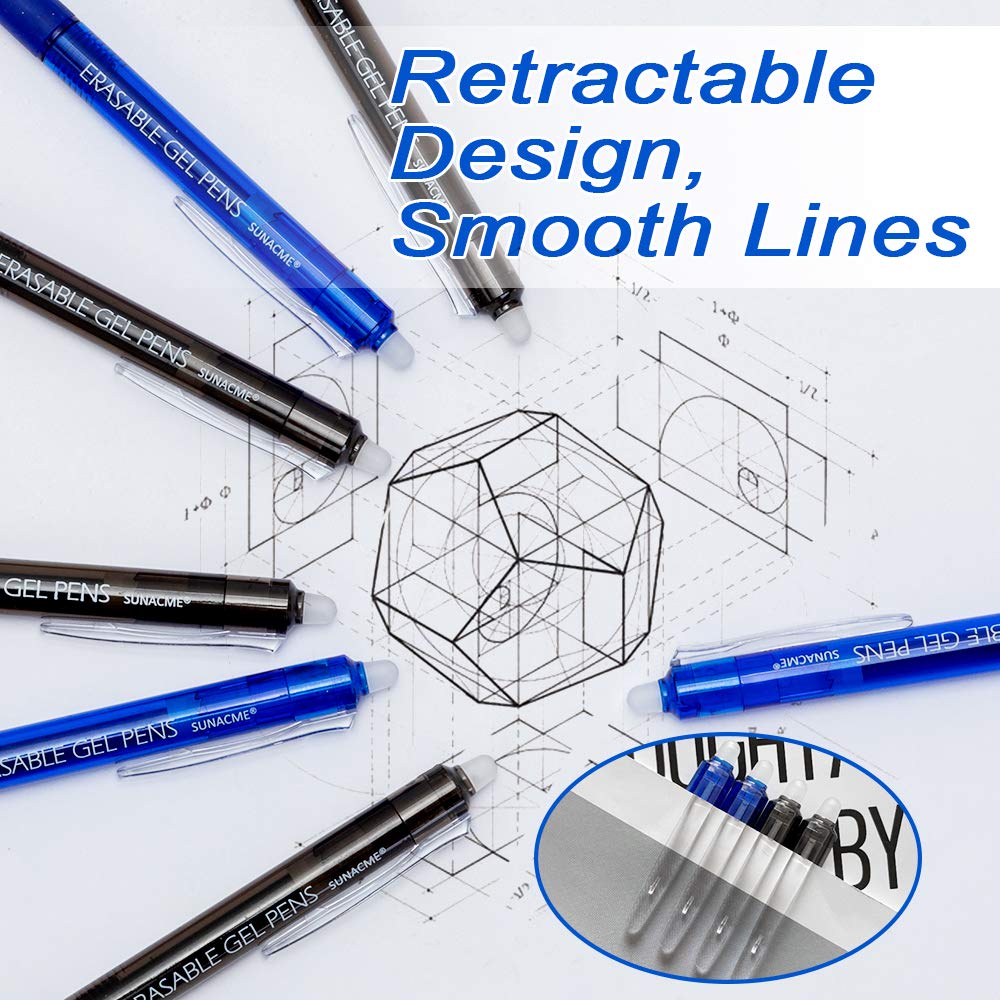 sunacme Erasable Gel Pens, Retractable Erasable Gel Pen Clicker Fine Point 0.7 mm, Smooth Ink for Writing (8 Black/8 Blue)