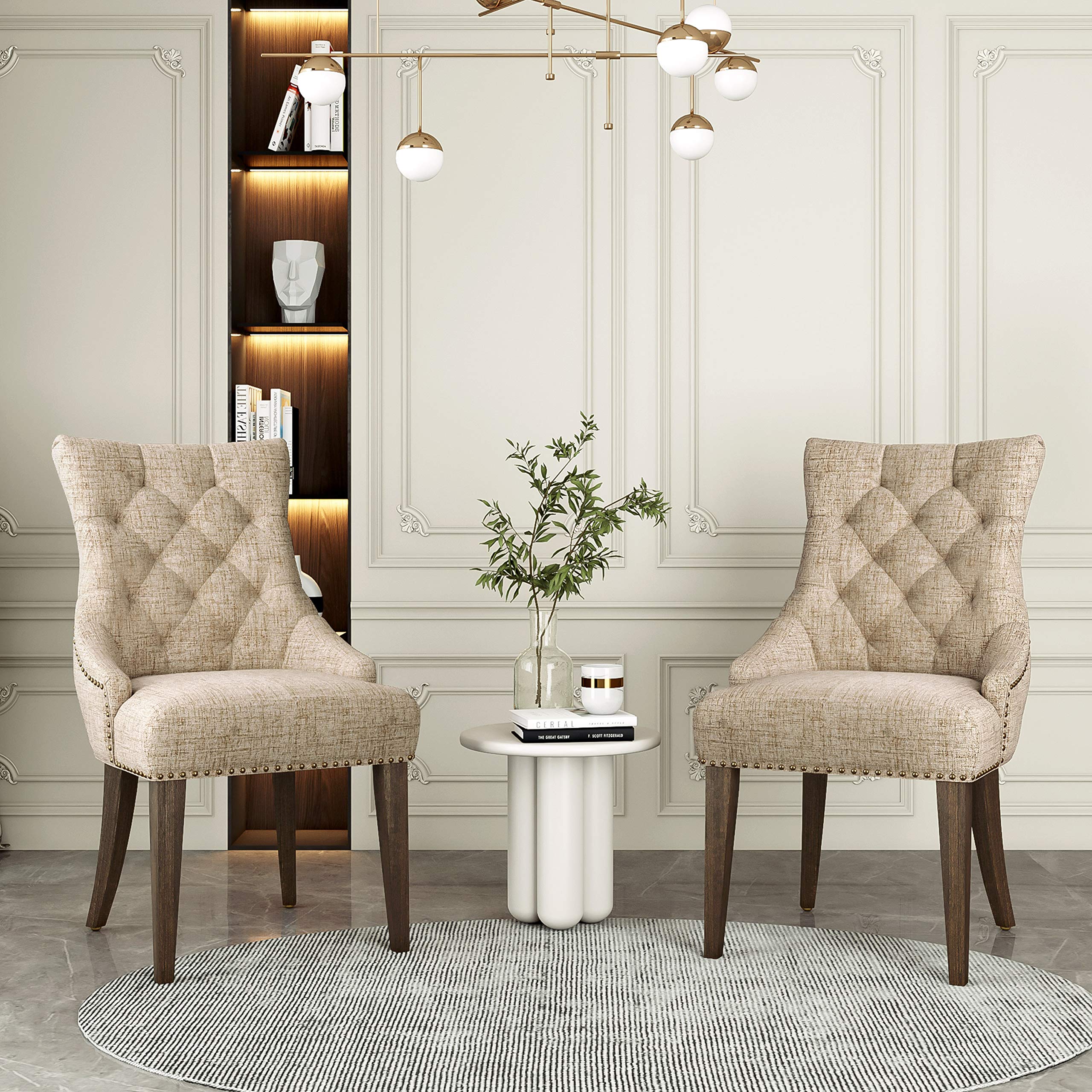YuiHome Upholstered Dining Leisure Padded Chairs with Armrest and Nailed Trim, (Set of 2),Beige