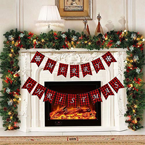 Jolik Merry Christmas Banner with Two Snowflake Flags - Buffalo Plaid Banner Decoration for Fireplace Wall Tree Christmas Decoration