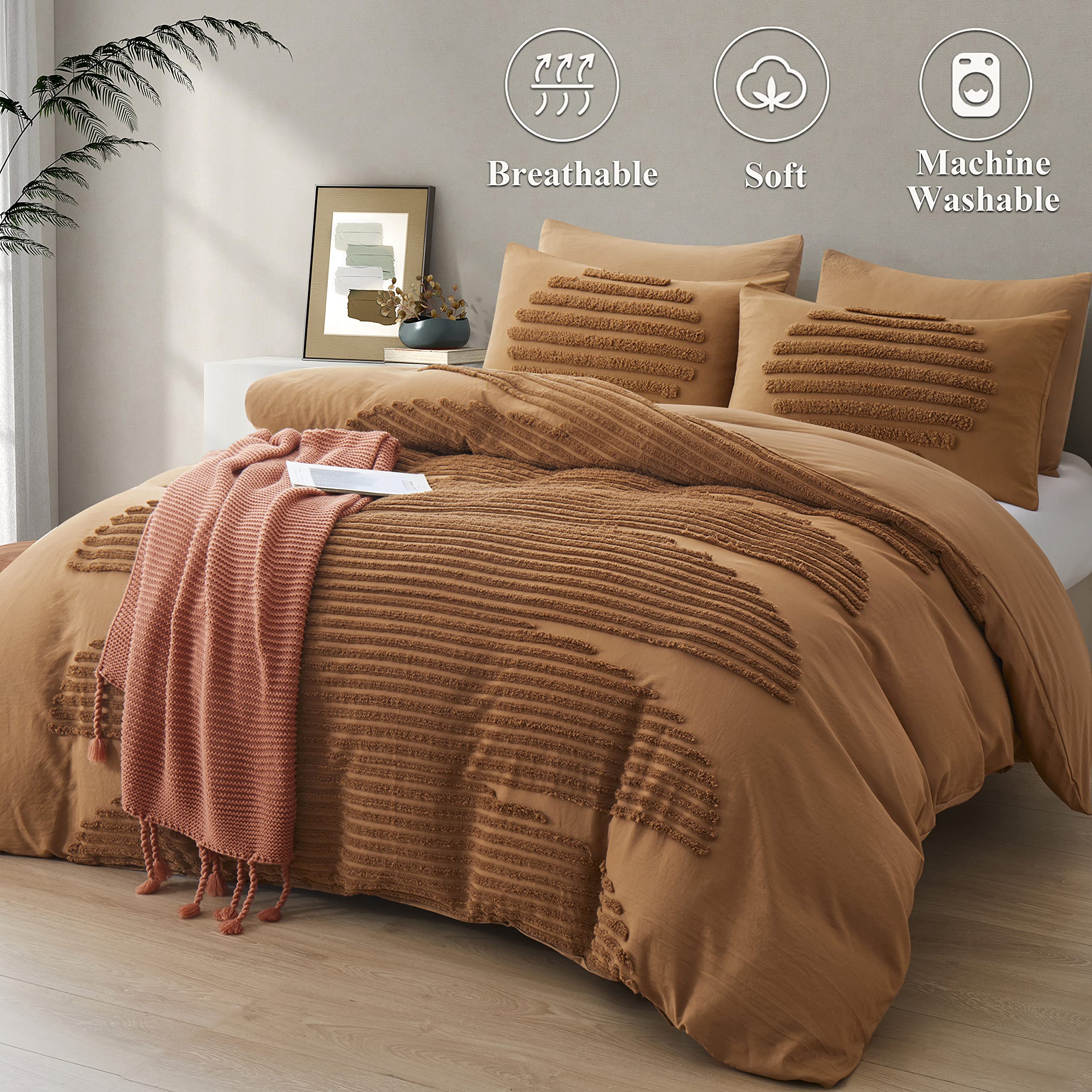 BEDAZZLED 5 Pieces Full/Queen Duvet Cover Set, Boho Bedding Sets for Modern Home, Tufted and Super Soft Comforter Covers, Pumpkin